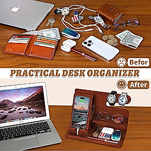 Gifts for Men Wood Phone Docking Station Gifts for him Husband Nightstand Organizer Cell Phone Stand Watch Holder Wallet Station Desk Organizers Gifts for Dad Birthday Gifts for Men