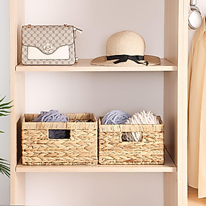 YheenLf Wicker Storage Basket with Handle for Organizing, Decorative Woven Storage Basket Bins for Makeup Towel Shelf Cupboards Drawer Closet Dresser, Water Hyacinth, Set of 2