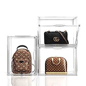 Clear Handbag Storage Organizer, 3 Packs Acrylic Display Case for Purse and Handbag Storage Organizer for Closet, Stackable Purse Display Boxes with Magnetic Door for Collectibles, Wallet, Toys…