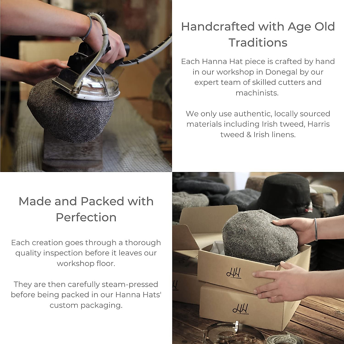 Hanna Hats Traditional Irish Tweed Wool Donegal Touring Cap - Dark Green Fleck Salt & Pepper. Unisex Flat Style Ivy Hat. Sewn Down Peak and Taffeta Lining. 100% Made in Ireland Medium 58-59cm.