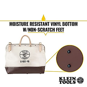 Klein Tools 5102-16 Heavy Duty Natural Canvas Tool Bag, Tool Tote, Multi-Purpose Bag with Wide Hinged Opening and Leather Handles, 16-Inch