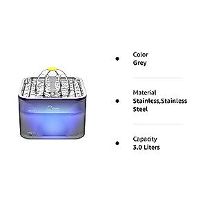 Crystal Cat Water Fountain Stainless Steel, 100oz/3L Pet Fountain with LED Light for Cats and Dogs (Grey)