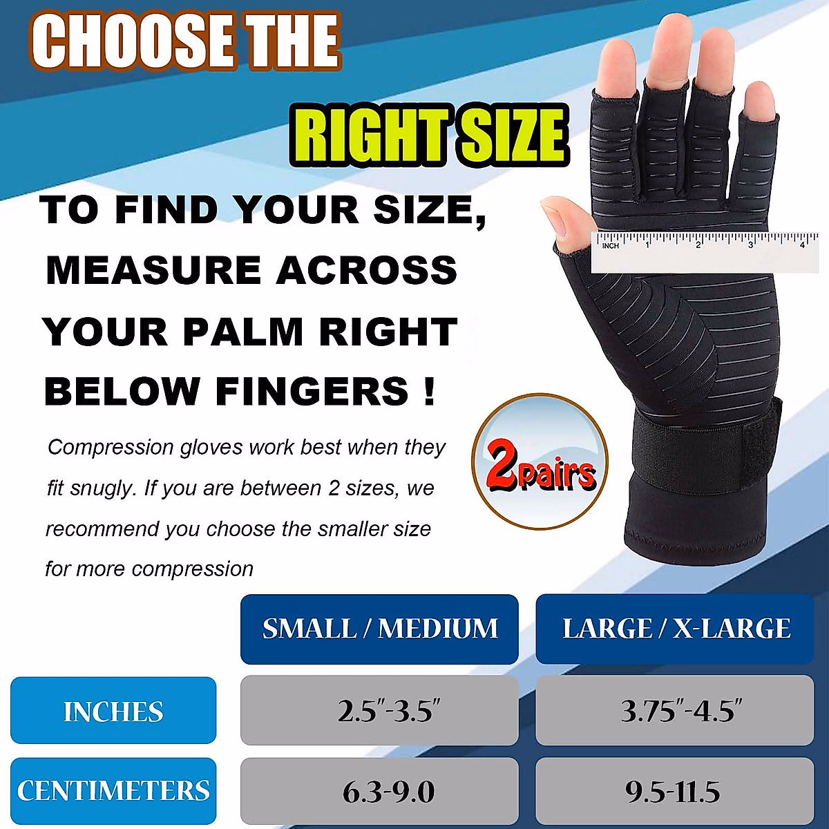 2 Pairs Pack Compression Gloves for Women Men, Copper Arthritis Gloves for Hand Pain Relief, Carpal Tunnel Wrist Support, Rheumatoid, Joint Swelling,Fingerless for Computer Typing(Small/Medium)