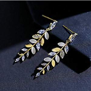 14K Gold Plated Olive Branch Leaf Cubic Zironia Cat Eye Dangle Earrings