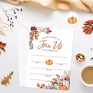 Whaline Fall Invitations 25 Sets Autumn Leaves Pumpkin Invitation Cards with Envelopes Stickers Rustic Harvest Blank Invites for Thanksgiving Wedding Birthday Baby Shower, 5 x 7 Inch