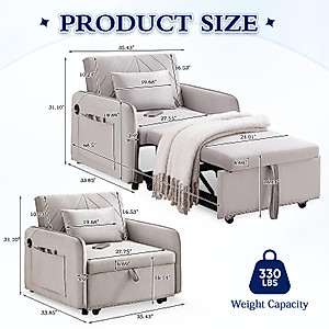 KINFFICT 3-in-1 Sleeper Chair, Convertible Chair Bed Pull Out Sleeper Chair Beds Adjustable Single Armchair Single Sofa Bed with USB Ports, Side Pocket for Living Room, Apartment, Office