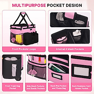 JKAOO Large Rolling Cleaning Caddy Bag with Detachable Trolley, Waterproof Cleaning Caddy on Wheels for Housekeepers, Cleaning Cart Supplies Organizer for Home,Car,Office,Picnic (Pink) (in Patent)