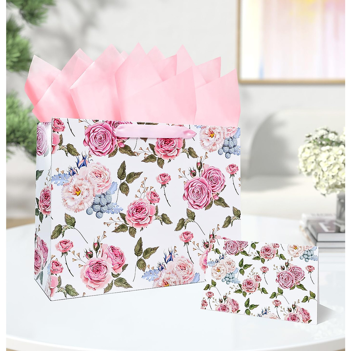 MUNILAIL 13 Inches Large Gift Bag for Women Flower Gift Bag with Handle Tissue Paper and Greeting Card for Birthday Wedding Bridal Shower Party Large Pink Paper Gift Bag