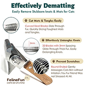 FelineFun Cat Brush for Dematting & Deshedding, 2 in 1 Undercoat Rake, Efficiently Remove Loose Hair & Matted Fur, Professional Shedding Comb for Indoor Cats & Long Haired Cats