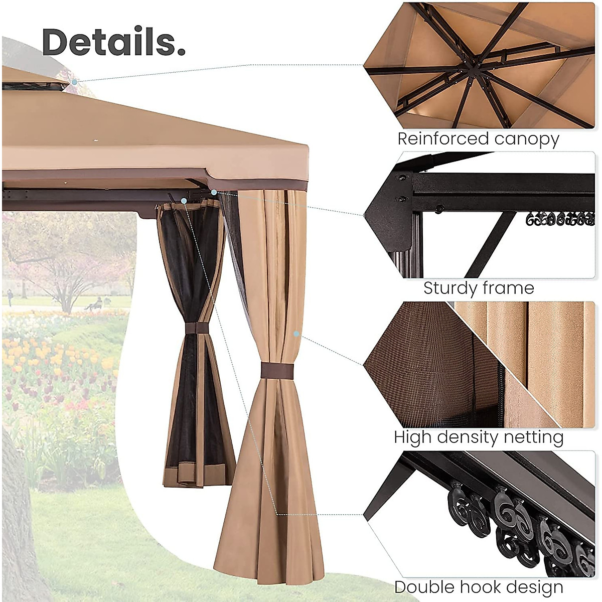 SUNCROWN 10 x 10 FT Outdoor Gazebo for Patio Iron Frame Garden Permanent Gazebo with Vented Soft Canopy and Mosquito Netting, Brown