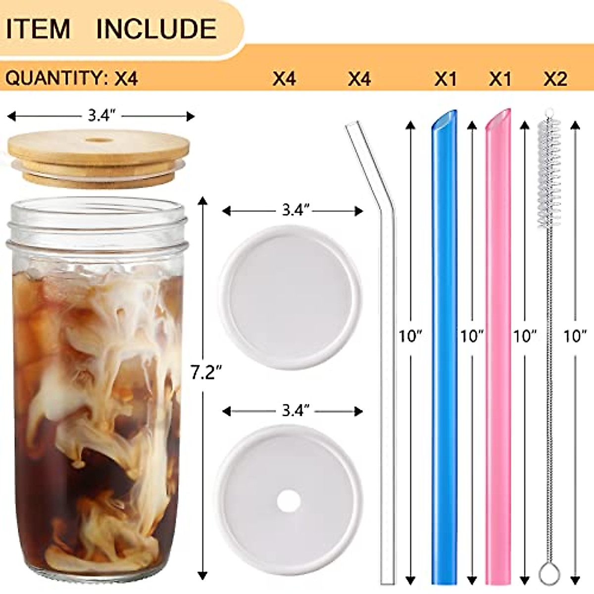 4 Pack Glass Cups Set - 24oz Mason Jar with Bamboo Lids and Glass Straw & 2 Airtight Lids - Cute Boba Drinking Glasses, Reusable Travel Tumbler Bottle for Iced Coffee, Smoothie, Bubble Tea, gift