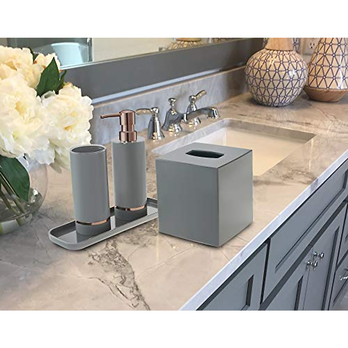 Bathroom Accessories - Set of 4 Includes Decorative Soap Lotion Dispenser, Tumbler, Tissue Box, Tray for Modern Farmhouse Bath Decor Kitchen Countertop Organizer Housewarming Gift - Grey
