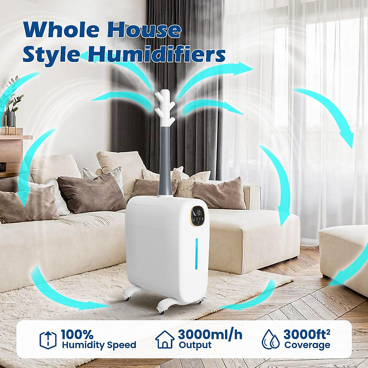 Lacidoll Humidifiers for Large Room Home, 6.6Gal/25L Large Humidifier Whole House Humidifier 3000 sq.ft, Cool Mist Top Fill Floor Commercial and Industrial Humidifiers, 360° Nozzle Sets, 3 Speed