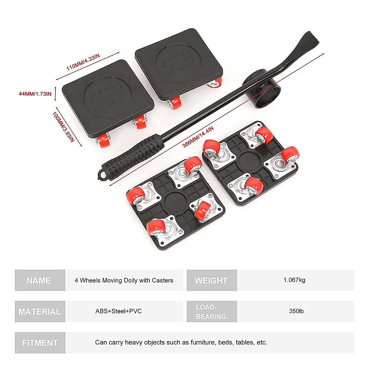 CNQLIS 4 Wheels Moving Dolly with Casters Furniture Dollies Set Lifter and a Pair of Gloves Mover Tool Sets Furniture Movers Ideal for Wood Floors Sofas Bed Safe Load Capacity 350 Lb Black Square