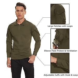 TACVASEN Tactical Shirt for Men 1/4 Zip Combat Shirt Long Sleeve with Pockets Army Pullover Military Lightweight Hiking Shooting Training Green L