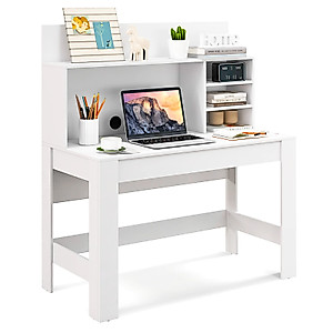 Giantex White Computer Desk with Bookshelf, 48" Home Office Writing Desk with Anti-Tipping Kits & Cable Management Hole, Modern Study Table Workstation for Small Space Bedroom