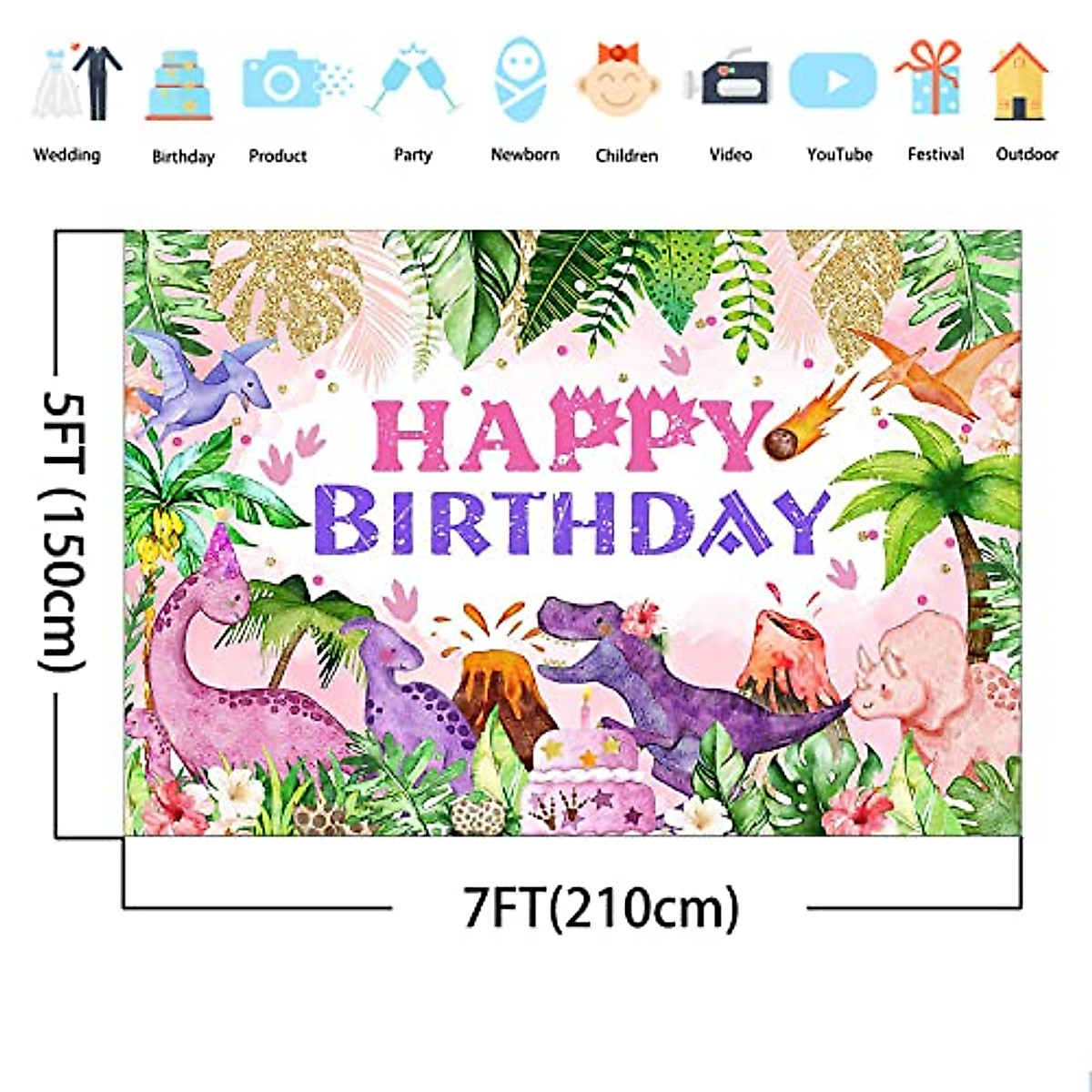 Avezano Pink Dinosaur Backdrop Dinosaur Themed Happy Birthday Party Decorations for Girls Kids Birthday Party Photography Background Cake Dessert Table Decorations (7x5ft)