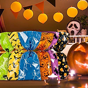 Whaline 150Pcs Halloween Cello Bags Cellophane Bags 6 Design with Twist Tie Candy Treat Bags Sweet Bags Pumpkin Spider Bat Bone Gift Bags Orange Party Favors for Halloween Day Table Decor