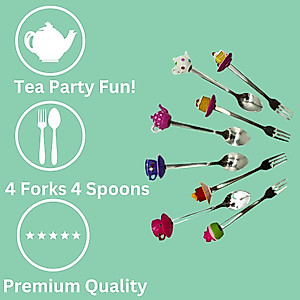 Tea Party Decorations and Tea Party Favors | 4 Stainless Steel Fancy Forks and 4 Stainless Steel Fancy Spoons | Resin Cake and Teapot Designs