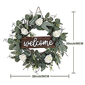 Adeeing Artificial Eucalyptus Wreath for Front Door 20 Inch Green Leaves Welcome Wreath with Wood Sign Rose Flower Farmhouse Wreath for Window Wall Party Home Decoration