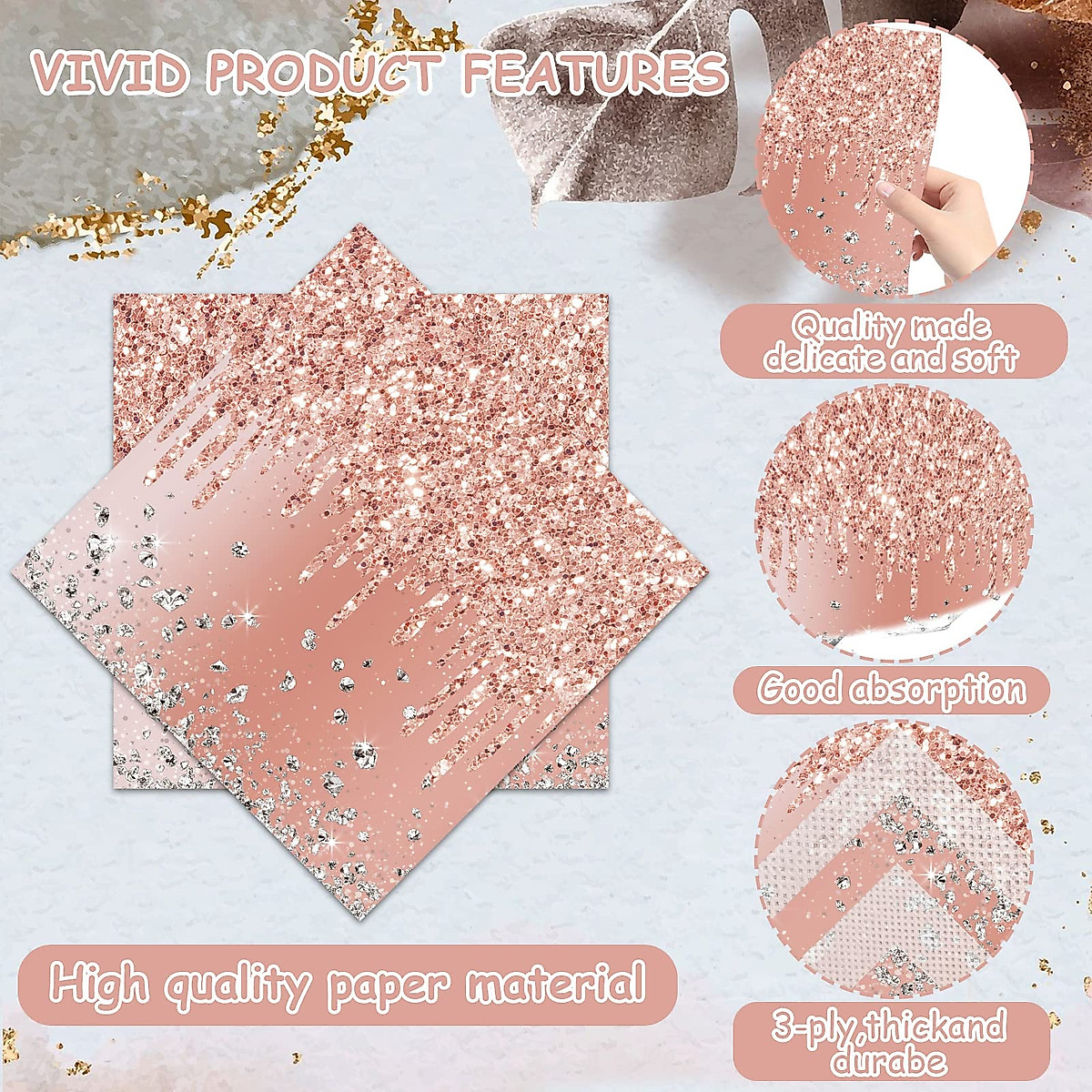 100 Pieces Rose Gold Birthday Napkins Pink Gold Birthday Party Decorations Supplies Pink Rose Gold Paper Disposable Napkin for Girls Women Diamond Theme Party Pink Rose Anniversary Wedding Party Favor