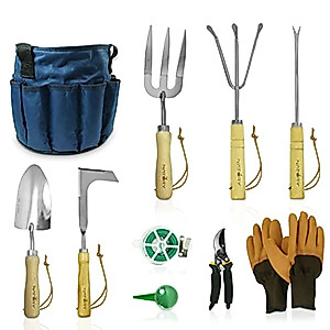 Natury Gardening Tool Set – Premium Stainless Steel Gardening Hand Tools with Solid Beechwood Handle – Gardening Kit with Rake, Shovel, Gloves, Shears, Tool Organizer – Garden Gifts for Women and Men