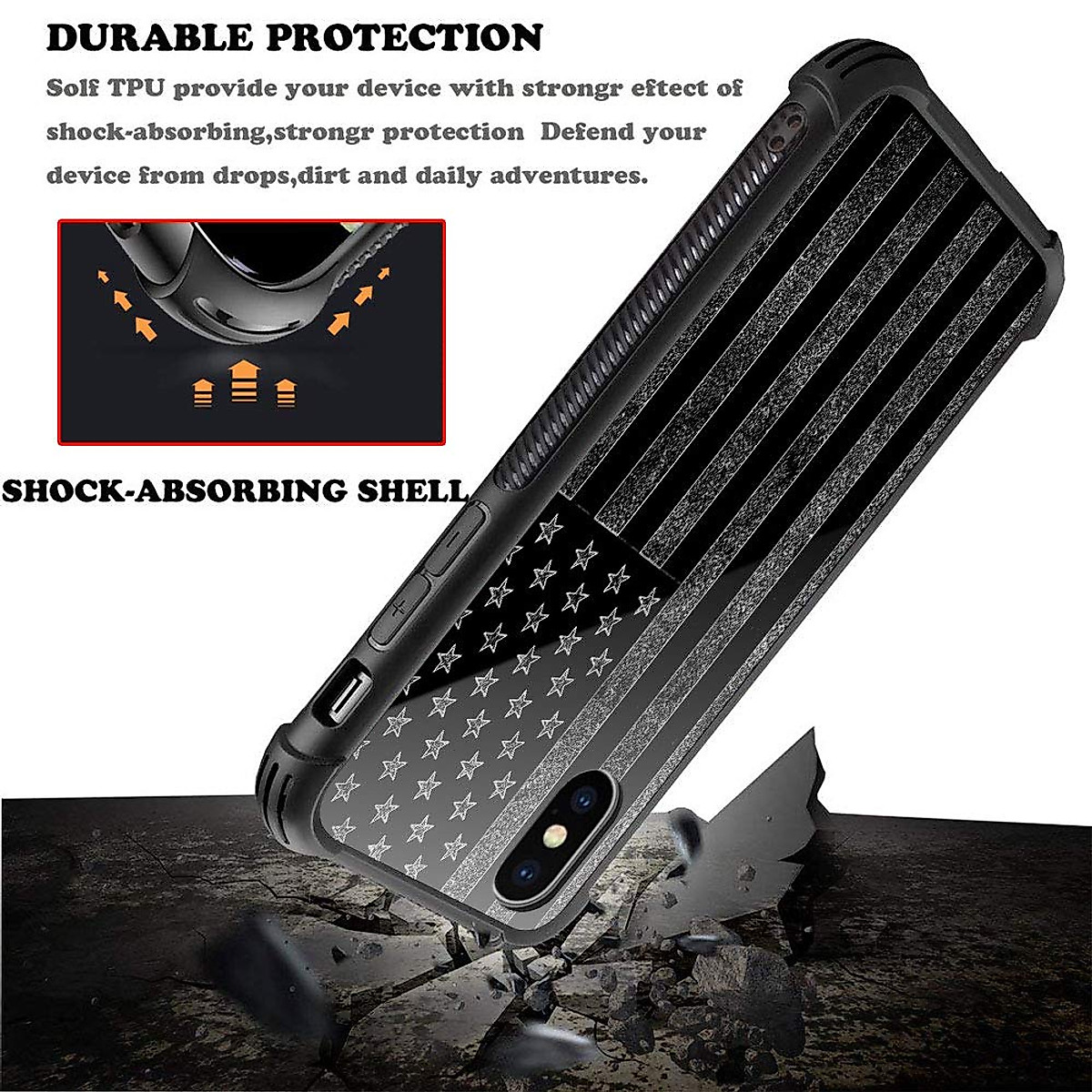 ZHEGAILIAN Case Compatible with iPhone XR Case,Black and White American Flag Case,Tempered Glass Back+Soft Silicone TPU Shock Protective Case for iPhone XR Case.