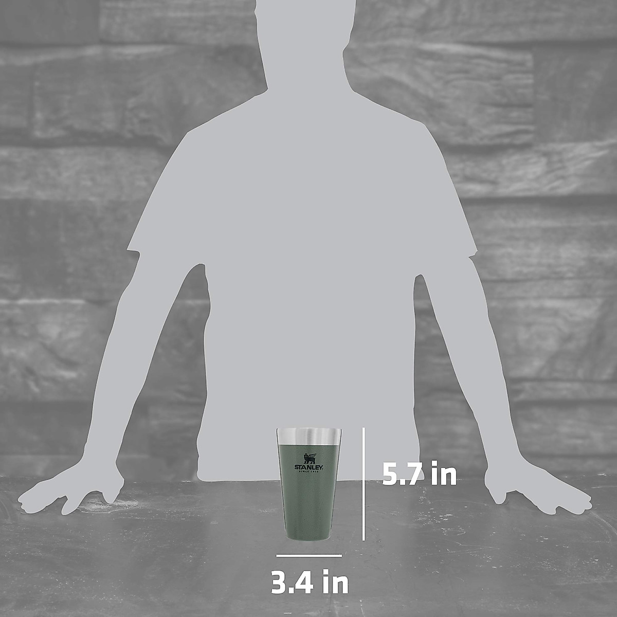 STANLEY Adventure Inulsated Stacking Beer Pint Glass, 16oz Stainless Steel Double Wall Rugged Metal Drinking Tumbler (Hammertone Green)