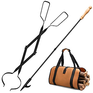 Firewood Carrier + Fire Poker + Fireplace Tongs - Fire Pit Tools for Indoor and Outdoor Use, Log Carrier for Firewood, 32 Inch Fire Poker, 26 Inch Fire Tongs, Fireplace Tools