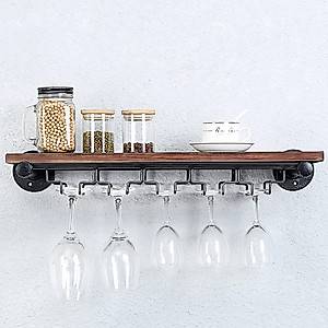 Industrial Pipe Shelving Hanging Stemware Racks,Rustic Wall Mounted Wine Rack with 5 Glass Holder,24in Steampunk Iron Floating Bar Shelves,Metal Real Wood Shelf Wall Shelf Stemware Holder