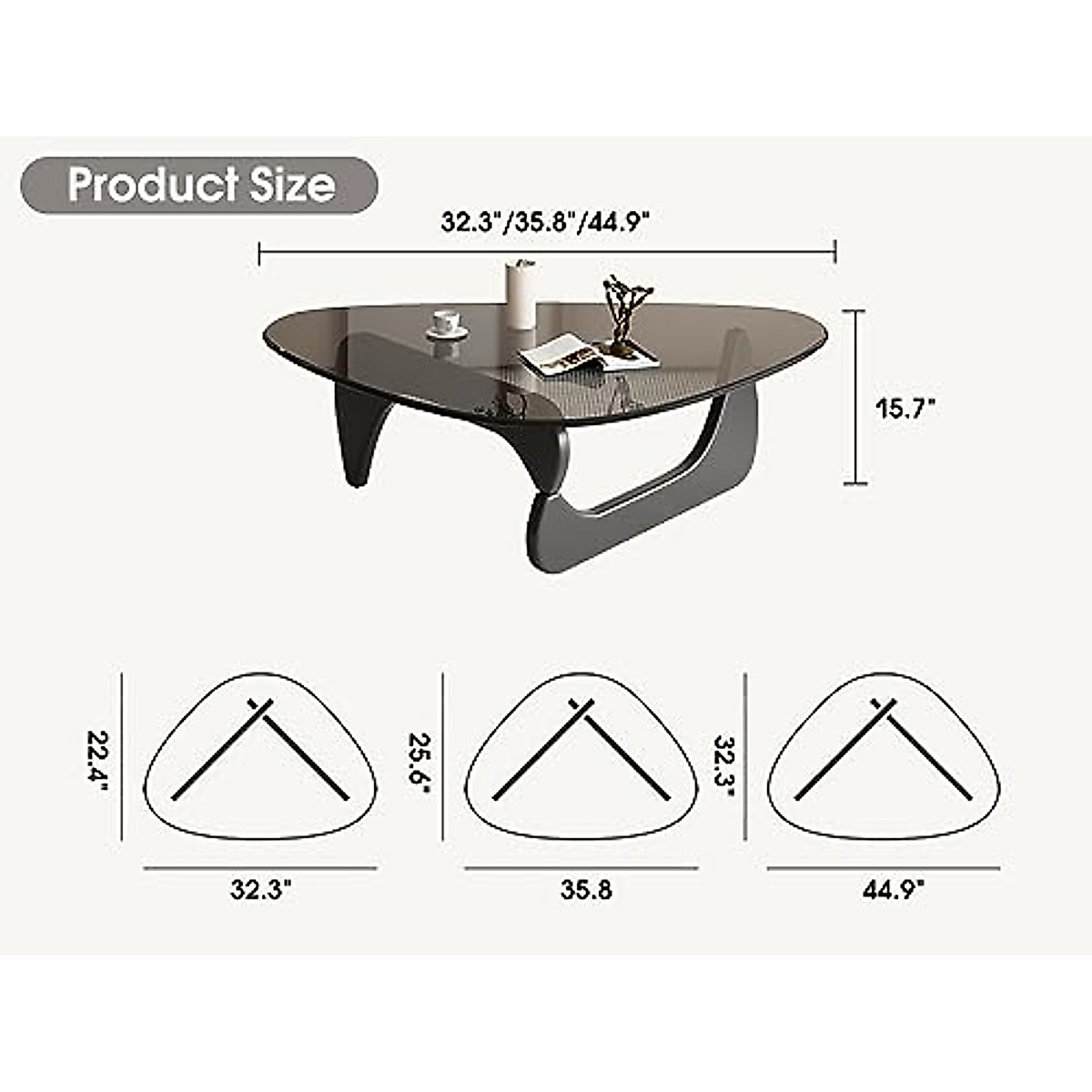 Mid Century Modern Coffee Table - Triangle Glass Coffee Table - Solid Wood Base Abstract Center Table - Vintage Glass End Table Living Room Balcony Study Walnut/Transparent Small 32.2 * 22.4 * 16in