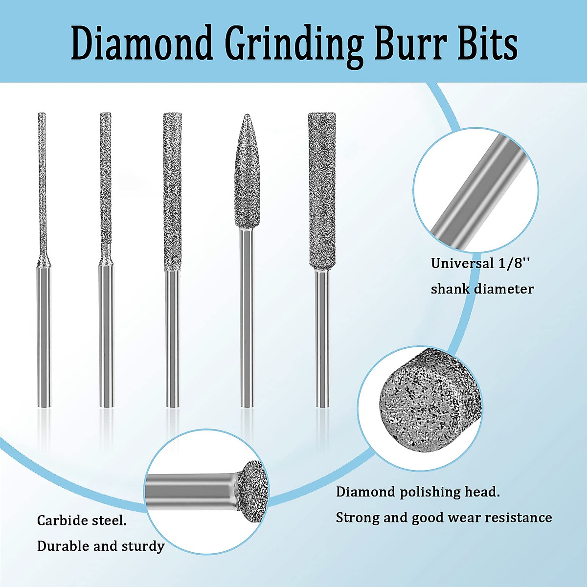 Stone Carving Set Diamond Burr Bits Compatible with Dremel, 11PCS Polishing Kits Rotary Tools Small Long Cone Accessories with 1/8’ Shank For Carving, Engraving, Grinding, Stone, Rocks, Jewelry, Glass