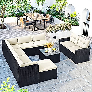 BIADNBZ 9 Piece Outdoor Patio Furniture Set Large PE Wicker Conversation Sectional Sofa with Glass Coffee Table, Chairs and Ottoman, for Lawn, Garden, Backyard, Poolside, Beige Cushion