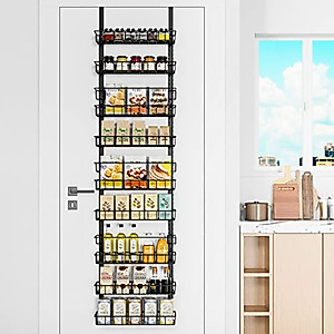 Churboro Over the Door Pantry Organizer Rack with 9 Adjustable Baskets, 9 Tiers Dual-use Spice Rack- Hanging or Wall Mount Spice Rack, Pantry Door Organizer, Black