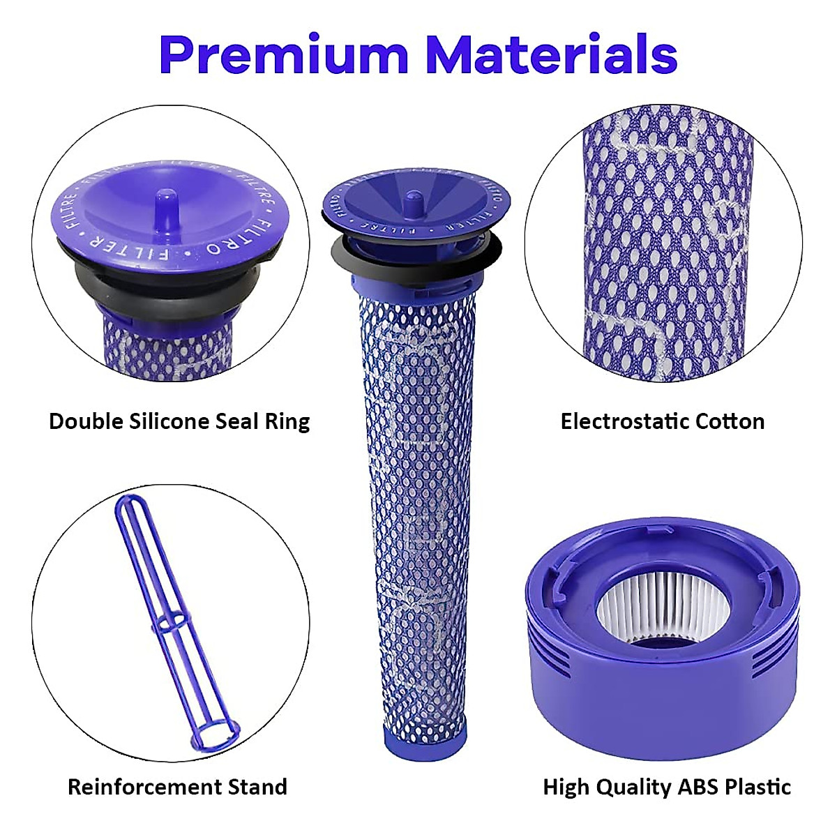 4 Pack Vacuum Filter Replacement Kit with Clean Brush for Dyson V8 Absolute, V8 Animal, V7 Absolute, V7 Motorhead, V7 Animal - 2 HEPA Post Filter, 2 Pre Filter, Replaces Part # 965661-01 & 967478-01