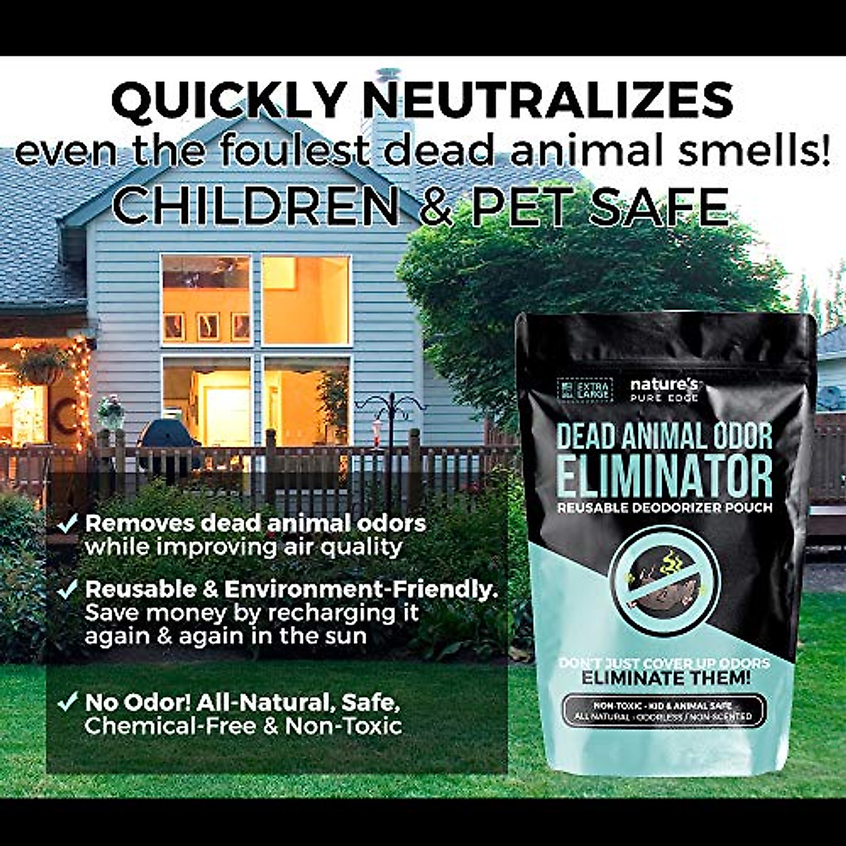 Dead Animal Smell Removal Reusable Deodorant Pouch. Eliminate dead Animal Smell Without Scent. Decay Odor Remover. Fragrance Free. Pet and Kid Safe. Extra Large, Covers 375 Square Feet.