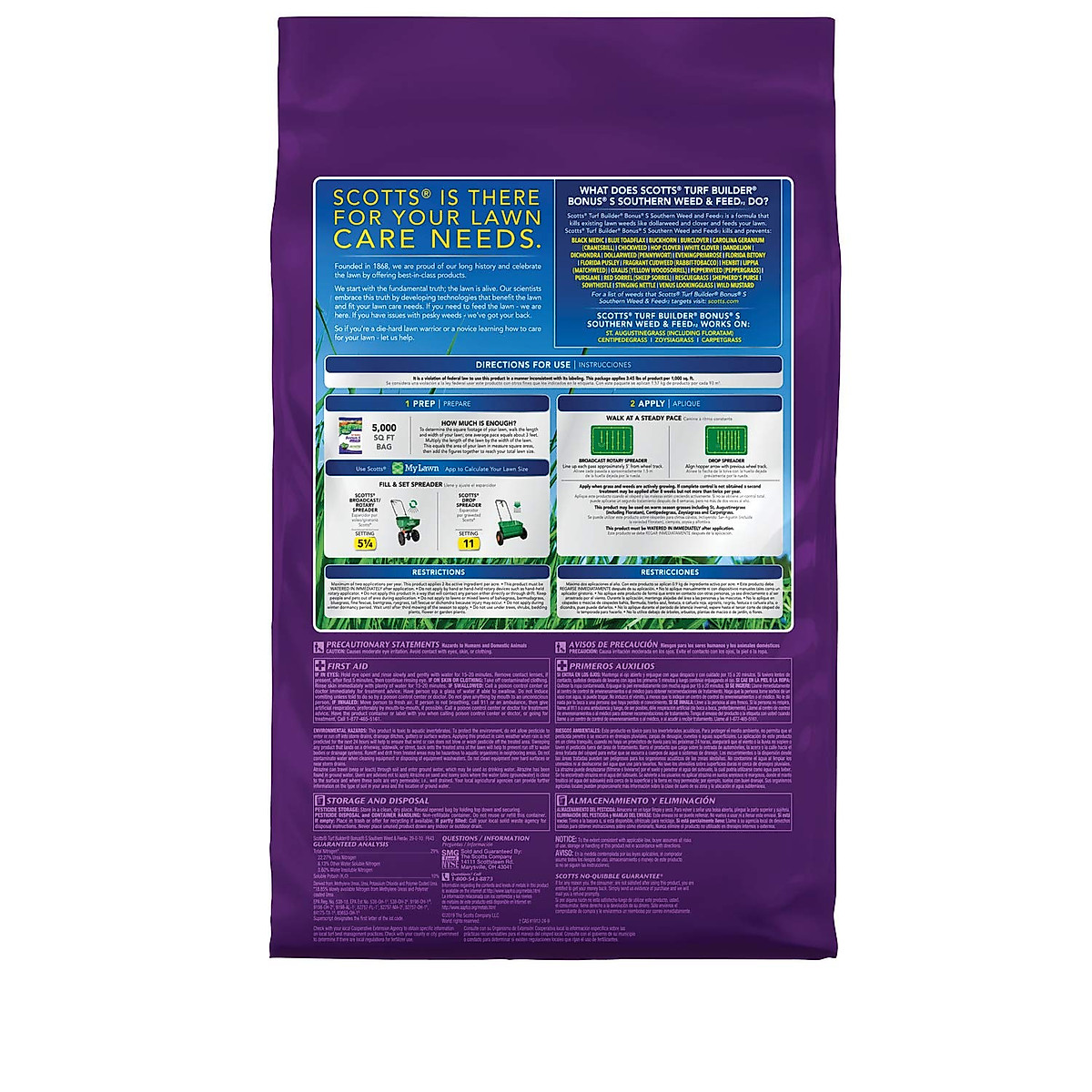 Scotts Turf Builder Bonus S Southern Weed & FeedF2, Weed Killer and Lawn Fertilizer, 5,000 sq. ft., 17.24 lbs.