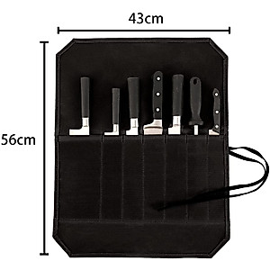QCWN Waxed Canvas Chef Knife Roll Bag Heavy Duty Knife Roll Case Storage Knife Cutlery Carrier Kitchen Roll Tool Bag Case with 6 Slots Wrapping Strap Best Gift For Cooking Chefs(Black)