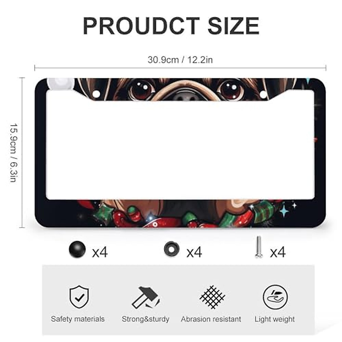 Pug Dog Wearing A Santa License Plate Cover 2 Pack Xmas Lovely Dogs Auto Car Accessories Tag for Women Men US Vehicles 2 Round Holes Stainless Aluminum License Plate Frames