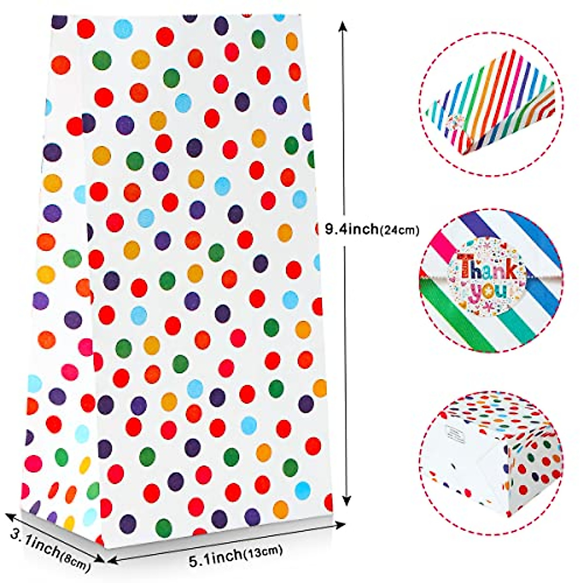 Vammy 24 Pieces Rainbow Party Favor Paper Bags, Food Safe Kraft Paper Gift Bags Sweet Candy Goodie Treat Bags with 24 Stickers for Birthday Party Wedding Christmas, 5.1 x 3.1 x 9.4 Inch