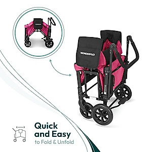 WONDERFOLD W1 Original Double Stroller Wagon (2 Seater) - Collapsible Wagon Stroller with Seats with 5-Point Harnesses, Adjustable Push Handle, and Sun Canopy, Fuschia Pink