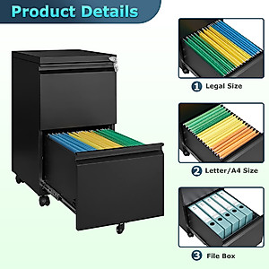 AFAIF 2 Drawer File Cabinet with Lock, Rolling File Cabinets for Home Office, Small Metal Filing Cabinet Office Drawers Under Desk for Letters/Legal/A4 Size, Assembly Required