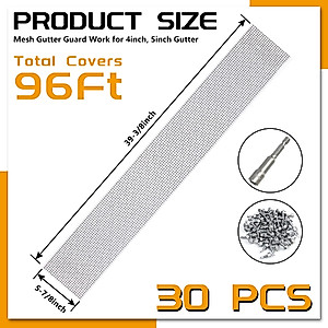 Powrocket Gutter Guard,4" 5" Leaf Protection Gutter Cover,30 Count Stainless Steel Mesh Gutter Covers,Prevents Roof Clogged Downspouts,Easy to DIY,Total Covers 96 Feet White