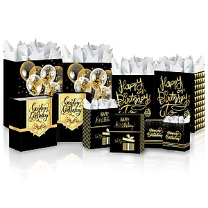 Whaline 10 Pack Birthday Gift Bag, Black Gold Party Favor Bags with Ribbon Handle and 24 Sheets Tissue Paper, Happy Birthday Treat Goodie Bags for Birthday Baby Shower Party Supplies (5 Sizes)