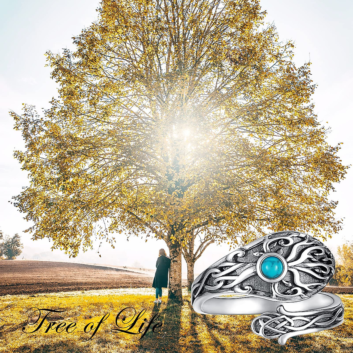 Mic Tai Tree of Life Spoon Ring - Sterling Silver Vintage Turquoise Celtic Knot Rings Adjustable Thumb Jewelry Gifts for Women (Tree of Life)