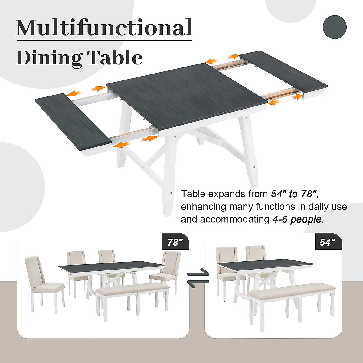 RUNWON 6-Piece Classic Set,Rectangular Extendable Table with Two Removable Leaves and 4 Upholstered Chairs and 1 Bench for Dining Room, Gray