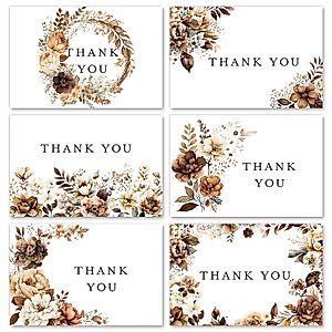 AnyDesign 36 Pack Fall Thank You Cards Bulk Vintage Brown Floral Greeting Cards with Envelopes Stickers Retro Flower Leaves Blank Note Cards for Fall Wedding Baby Shower Birthday, 6 Design