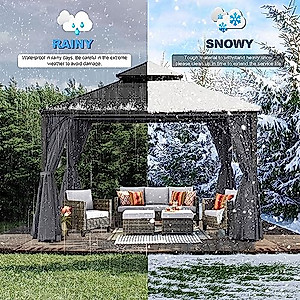 ABCPATIO 12x12 Hardtop Gazebo - Outdoor Polycarbonate Double Roof Gazebo Canopy, Metal Frame Permanent Pavilion with Curtains and Netting for Patio, Garden, Patio, Lawns (Dark Gray)