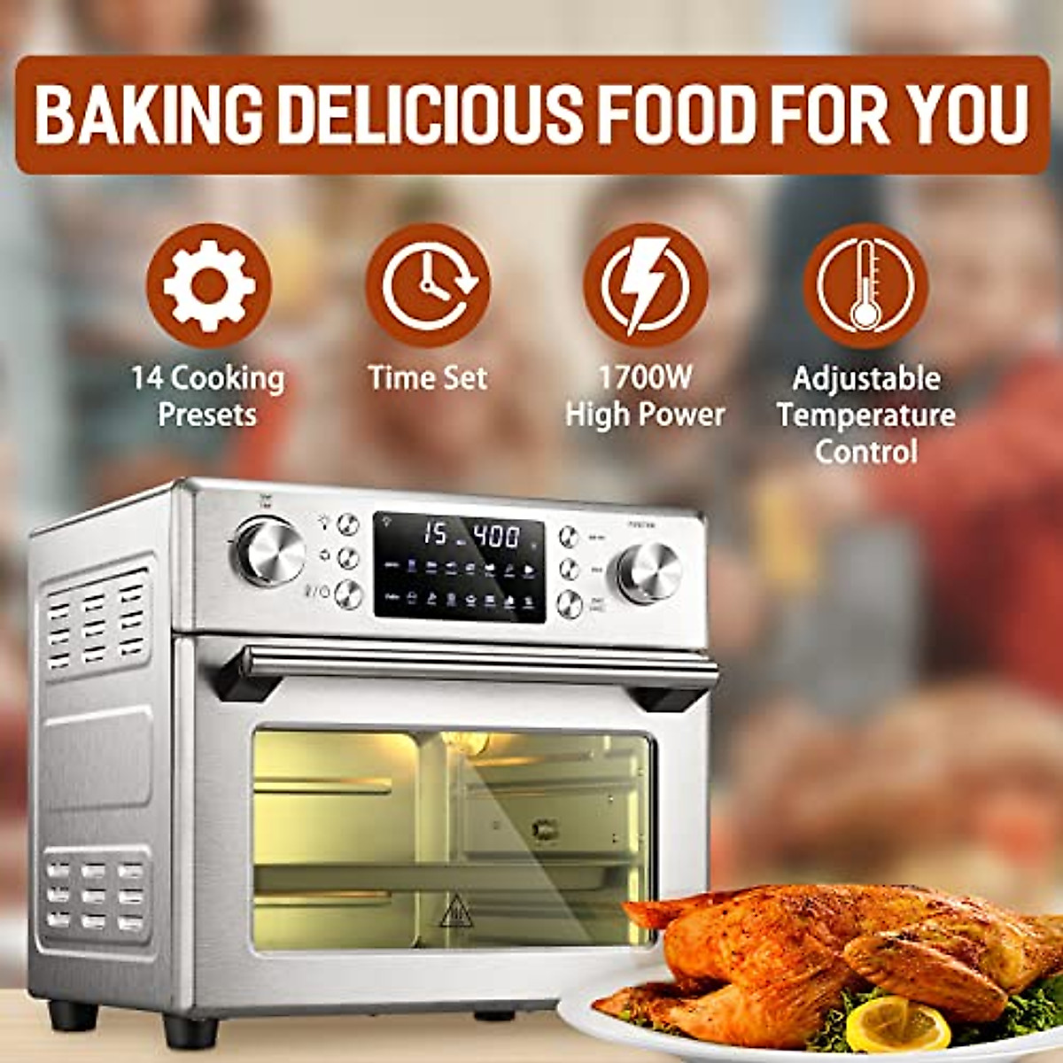 Antarctic Star Air Fry Oven Bake Broil Toast Air Fry Air Roast Digital Toaster Smart Thermometer True Surround Convection Adjustable Temperature Control from 180℉ to 400℉, 26QT/25L, 360°Rapid Air Heating Circulation Cook French Fries Chips Pizza Beef Pork