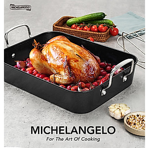 MICHELANGELO Roasting Pan with Rack, Carbon Steel Turkey Roasting Pan for Oven and Induction, Nonstick Turkey Roaster Pan with Stainless Steel Rack, 15 Inch x 11 Inch